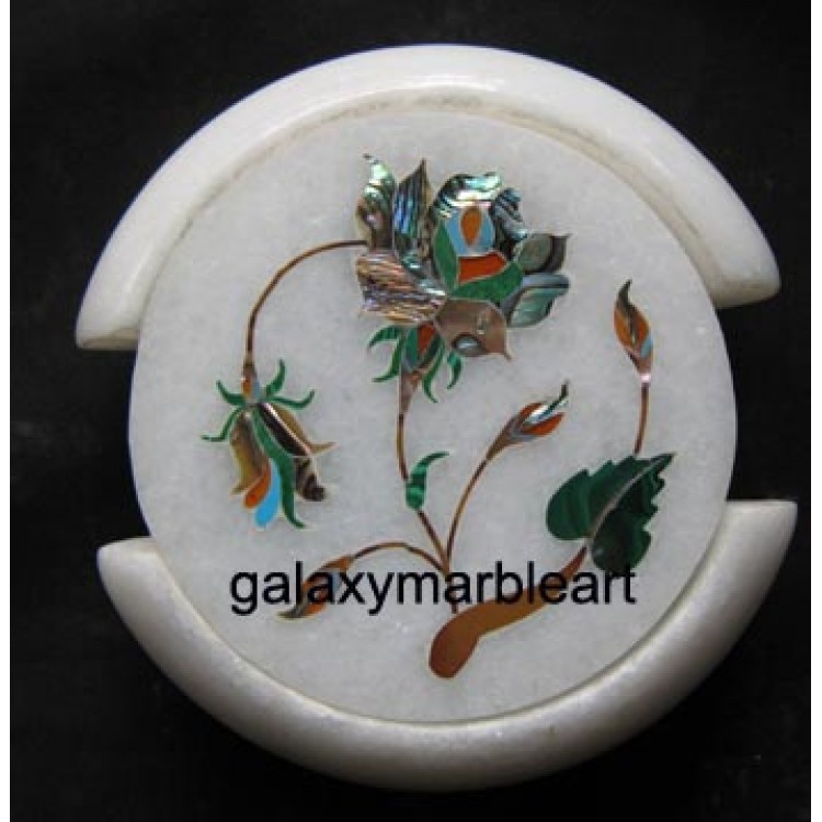 Decorative stone inlaid marble coaster set with paua shell